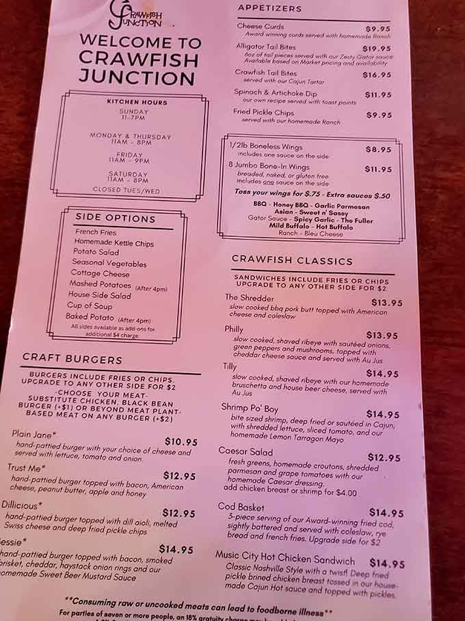 The menu reveals a delightful collision of Wisconsin tradition and Louisiana soul, offering everything from classic fish to crawfish classics.