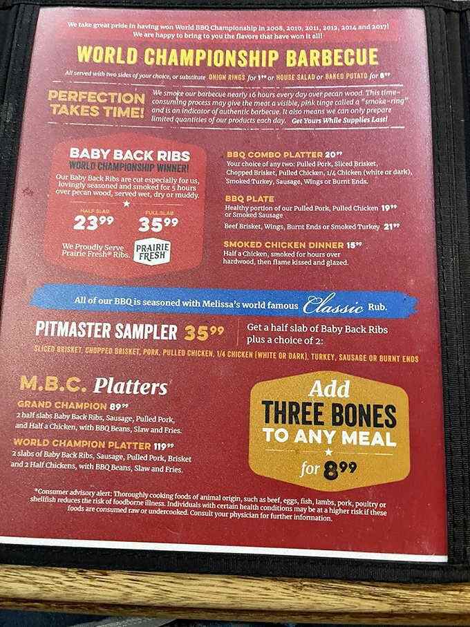 Not just a menu&mdash;it's a trophy case in paper form. World Championship wins proudly displayed alongside descriptions of meats that have been perfected over countless smoking sessions.