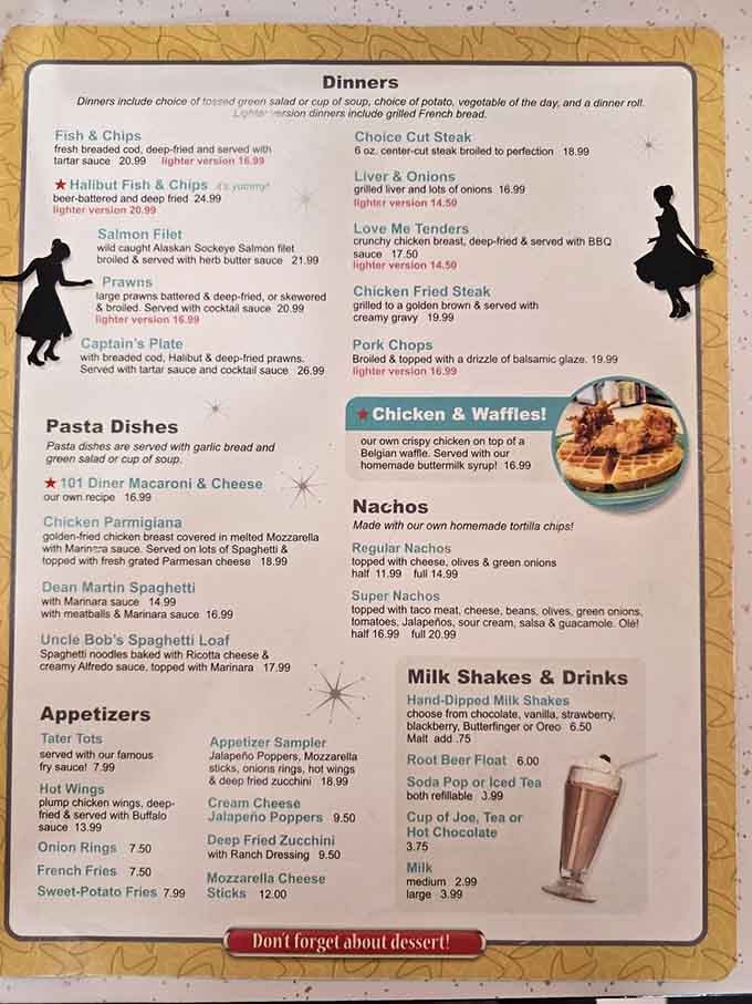 This isn't just a menu&mdash;it's a roadmap to happiness. Uncle Bob's Spaghetti Loaf? Love Me Tenders? Someone clearly had fun naming these comfort food classics.