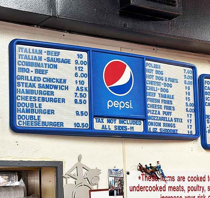 The menu board speaks the universal language of Chicago street food. No fancy descriptions needed when the food speaks for itself.