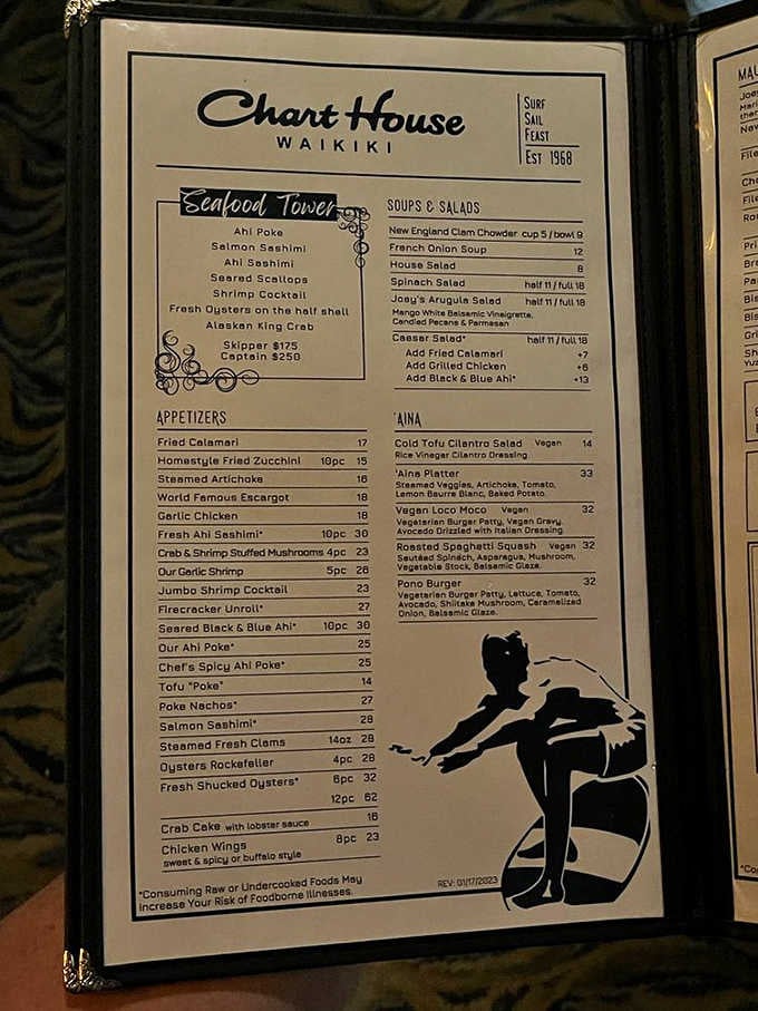 The menu reads like a love letter to the Pacific, featuring everything from fresh ahi poke to world-famous escargot.