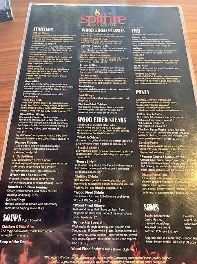 The menu reads like a love letter to wood-fired cooking, with each description promising a different path to culinary bliss.