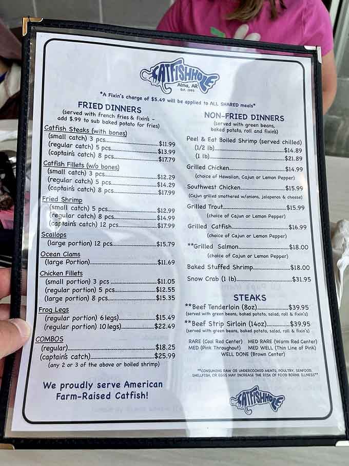 The menu reads like a love letter to Southern seafood, with catfish taking center stage in various "catch" sizes.