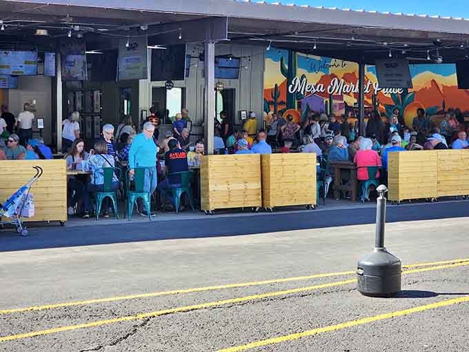 The outdoor dining area buzzes with happy shoppers refueling between treasure-hunting expeditions at Mesa Mini Dreauz.