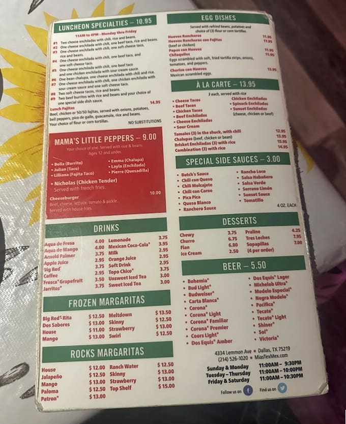 This menu reads like a love letter to Tex-Mex, offering everything from brisket enchiladas to frozen margaritas in every flavor imaginable.