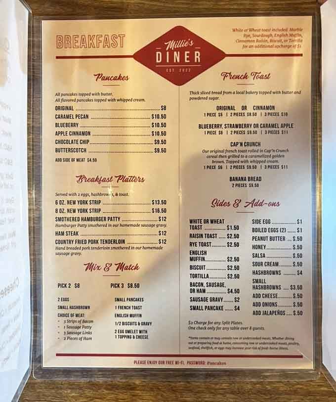 This menu reads like a greatest hits album of breakfast classics, each item ready to make your morning memorable.