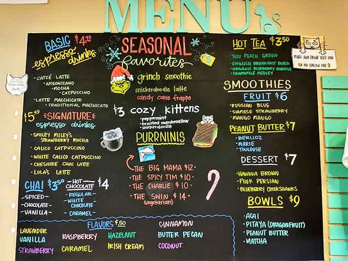 This menu board is like a choose-your-own-adventure book, except every choice ends with you happy, caffeinated, and surrounded by adoptable felines.
