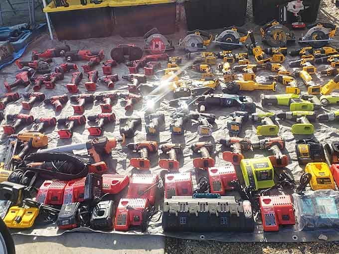 The power tool section resembles a hardware store explosion, with enough drills and saws to build a small neighborhood from scratch.