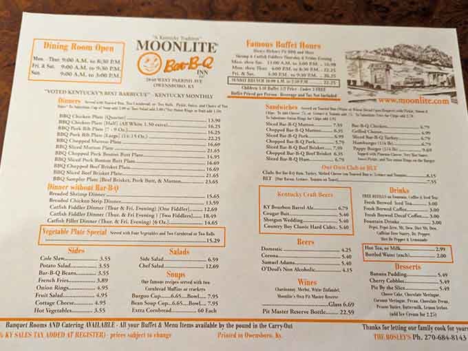 This menu reads like a love letter to Western Kentucky, written in the universal language of smoked meat.