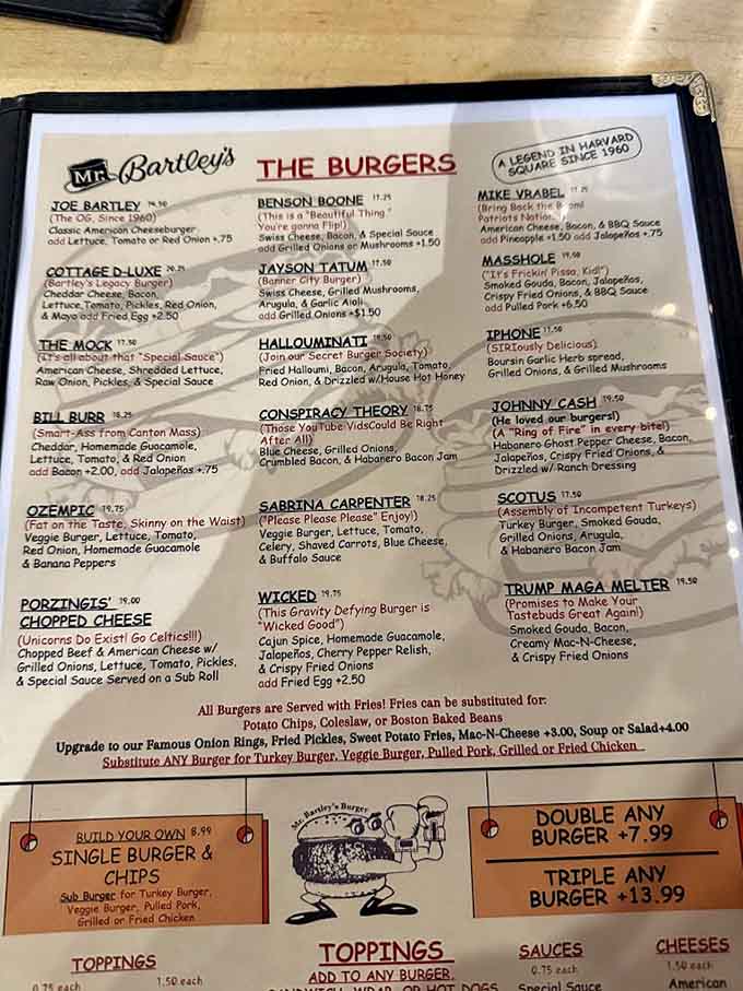 A menu that reads like TMZ meets your favorite diner, where political figures become delicious burger creations.