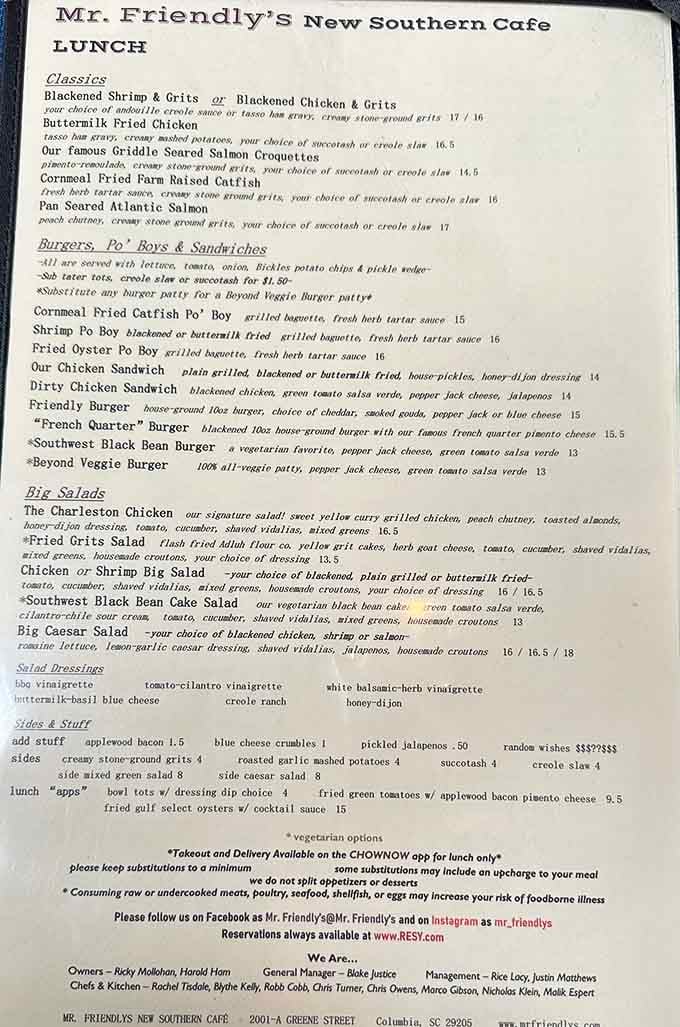 This menu reads like a love letter to Southern cuisine, with enough variety to satisfy every craving imaginable.