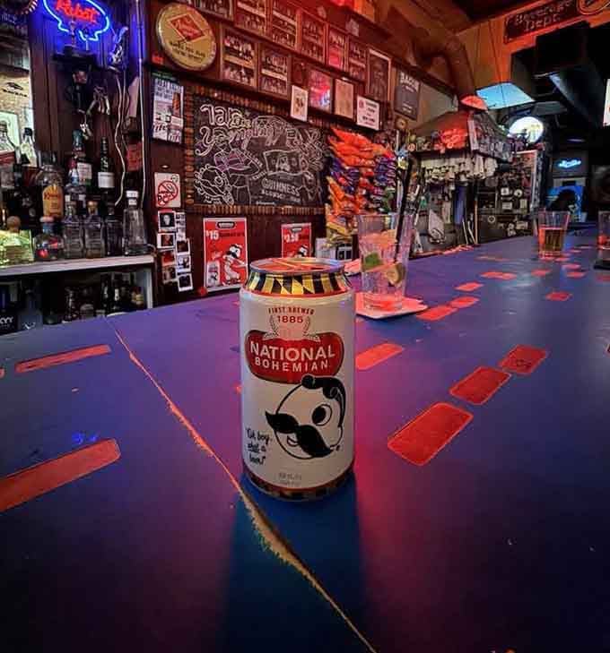 National Bohemian keeping watch over a bar that's more colorful than a '70s roller rink, and twice as fun.