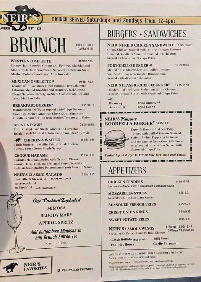 A menu that's stood the test of time, offering everything from bottomless mimosas to that legendary Goodfella Burger.