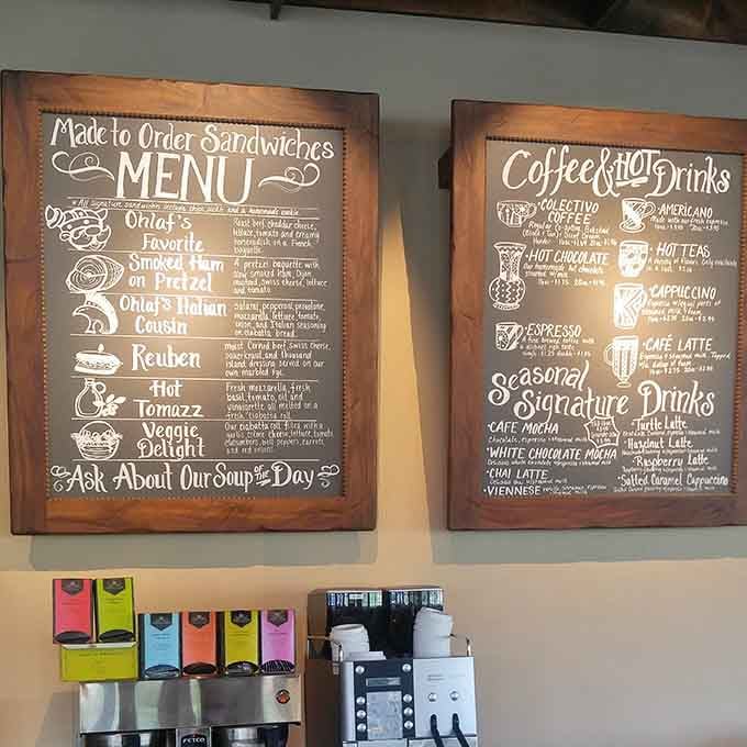 The menu boards promise everything from Reuben sandwiches to seasonal signature drinks that'll warm your soul.