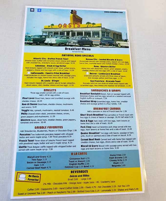 This menu reads like America's greatest hits, featuring everything from stuffed French toast to corned beef hash perfection.
