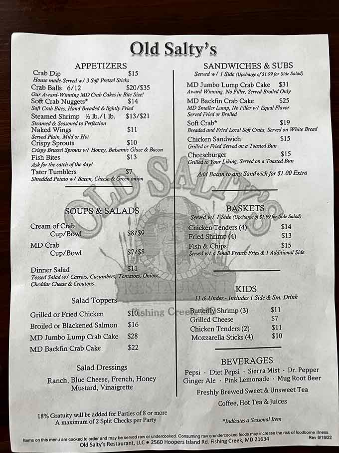 This menu reads like a love letter to the Chesapeake Bay, with crab appearing more often than vowels.