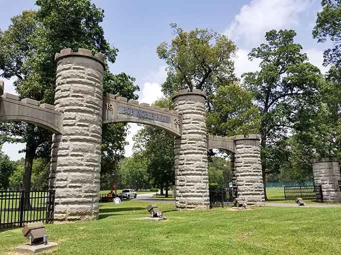 Bob Noble Park's stone entrance welcomes visitors to green space where relaxation doesn't require a membership fee.