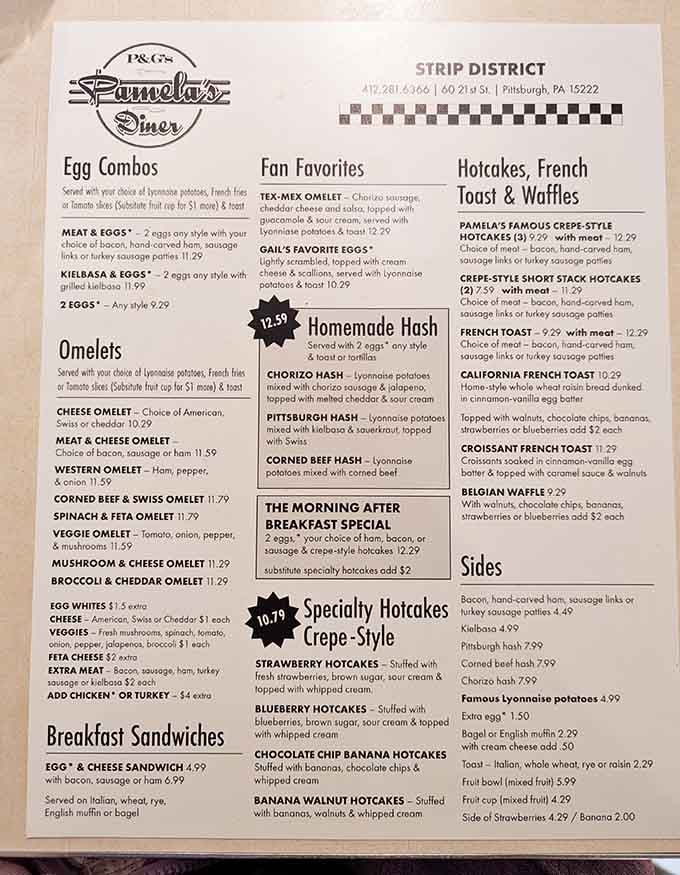 The menu reads like a greatest hits album of breakfast, with those famous crepe-style hotcakes headlining the show.