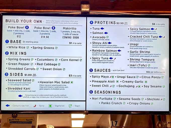 Build-your-own poke bowls with more protein options than a bodybuilder's fever dream, all beautifully organized and waiting.