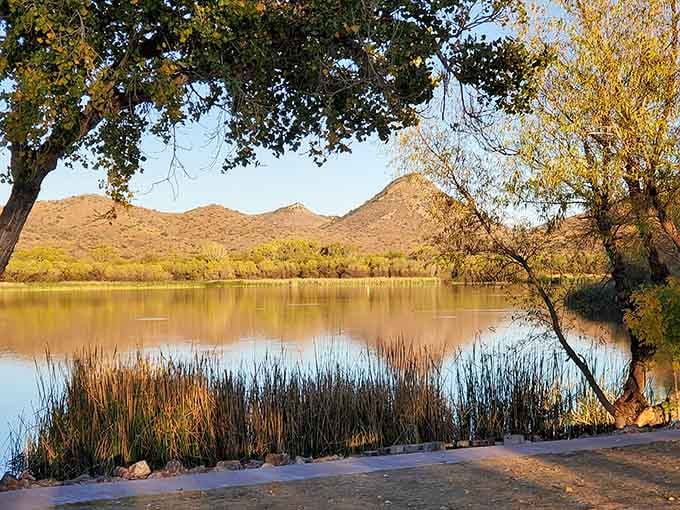 Golden hour at the lake turns those hills into something resembling a Bob Ross painting come to life.