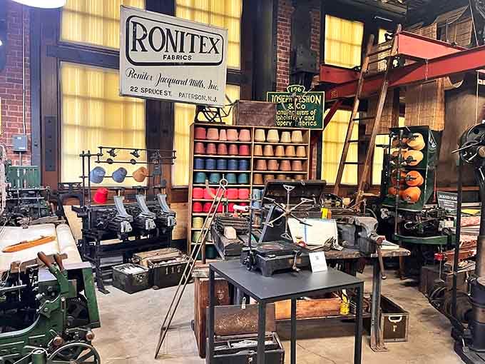 Colorful thread spools line the walls like a rainbow decided to retire in textile form.