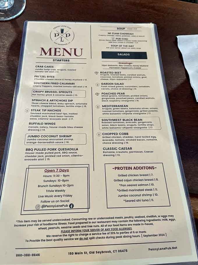 This menu reads like a greatest hits album, offering everything from crab cakes to coconut shrimp with style.