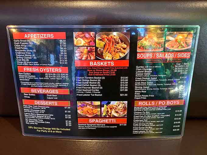 The menu board showcases everything from fresh oysters to fried baskets, making decision-making delightfully difficult for hungry diners.