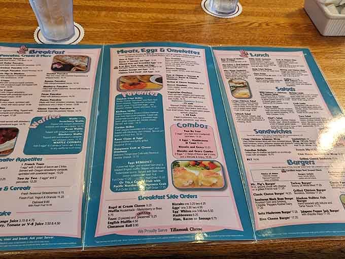 This menu sprawls across your table like a breakfast lover's treasure map, offering more delicious decisions than you can handle.