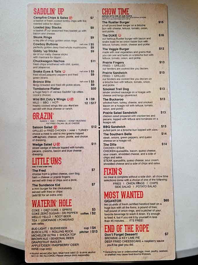 The menu reads like a Western novel, with dishes named for adventure and portions sized for hungry trail riders.