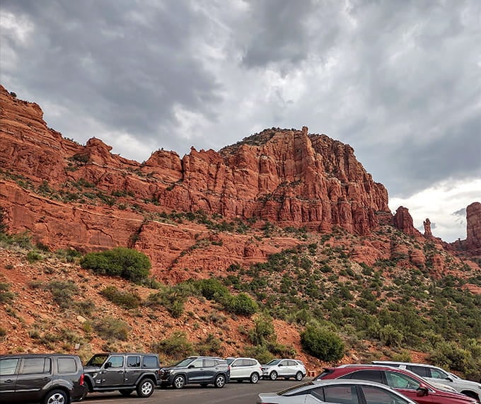 When the clouds roll in, the red rocks glow even brighter, like nature's own mood lighting.