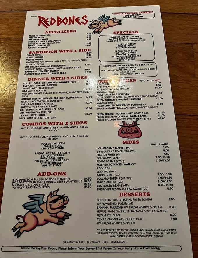 This menu reads like a love letter to American barbecue, offering everything from brisket to ribs.