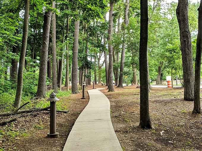 Winding pathways through towering trees create a storybook setting that beats any indoor play space.