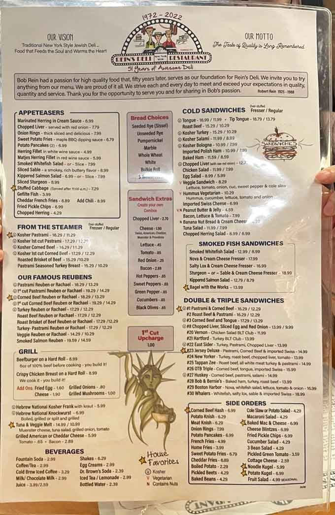 This menu reads like a love letter to traditional Jewish deli cuisine, written in delicious detail.