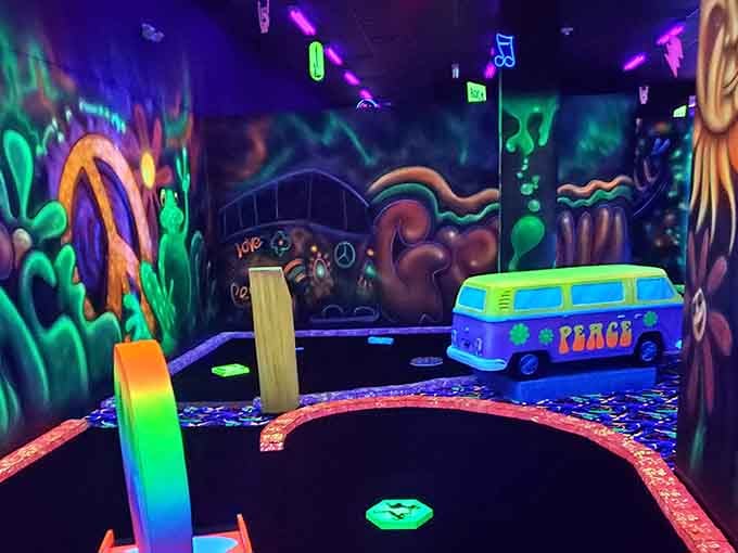 Mechanical gears spin overhead while fluorescent colors dance below, proving engineering can be absolutely groovy when necessary.