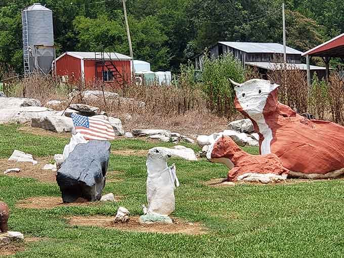 Farm buildings meet folk art in this uniquely Southern tableau where practicality and whimsy share the same address.