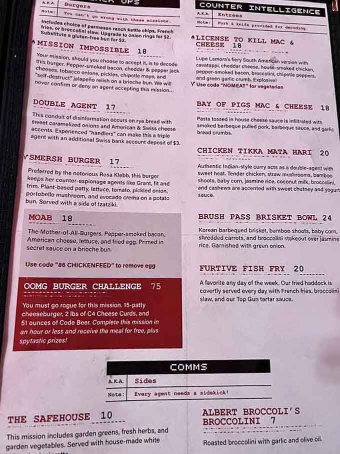 The menu speaks in code, turning your dinner order into a classified mission worth accepting.