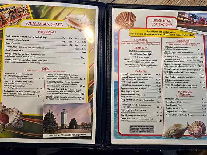 Choosing from Salty's menu is like being a kid in a candy store&mdash;if candy were seafood alfredo and award-winning chowder.