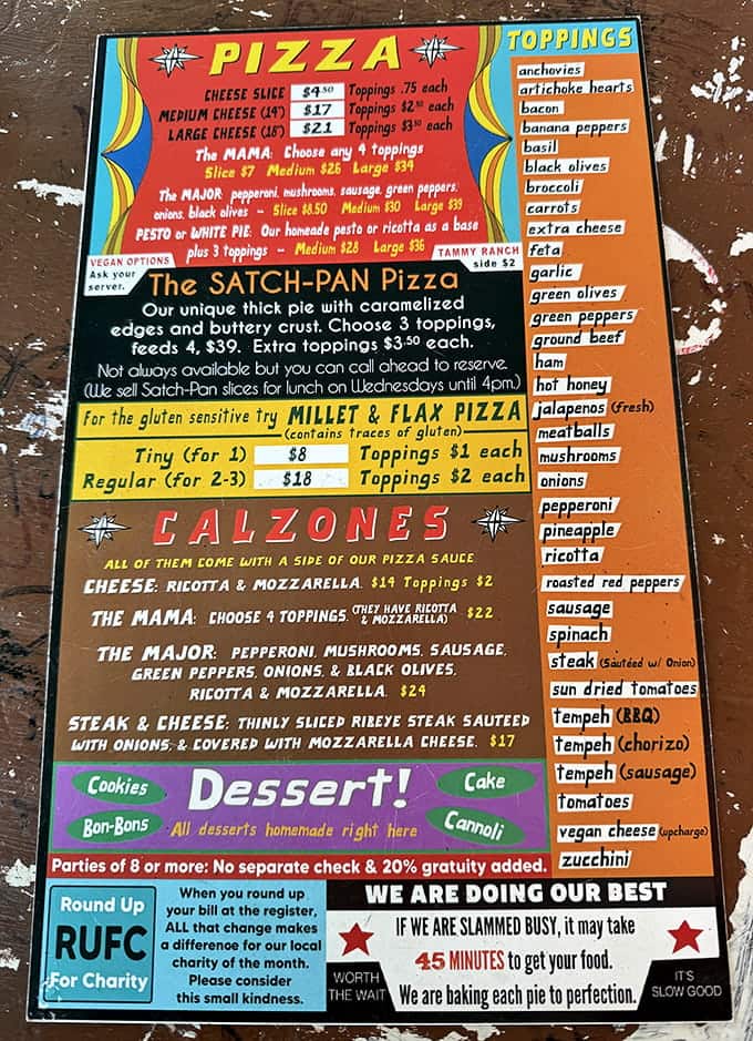 This menu proves that pizza creativity knows no bounds, from classic pies to mind-bending millet and flax options.
