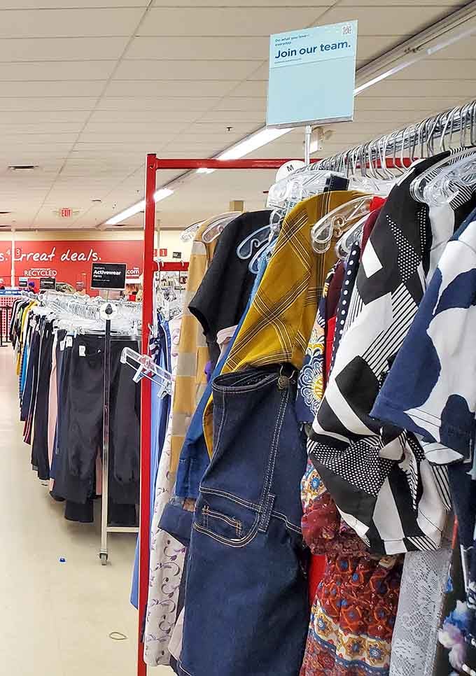 Rows of clothing stretch endlessly, each hanger holding someone's former favorite waiting for a new home.