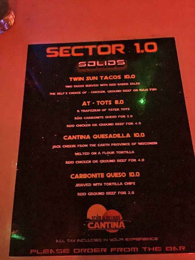 Even the menu gets the Star Wars treatment, because why order regular tacos when you can have Twin Sun Tacos?