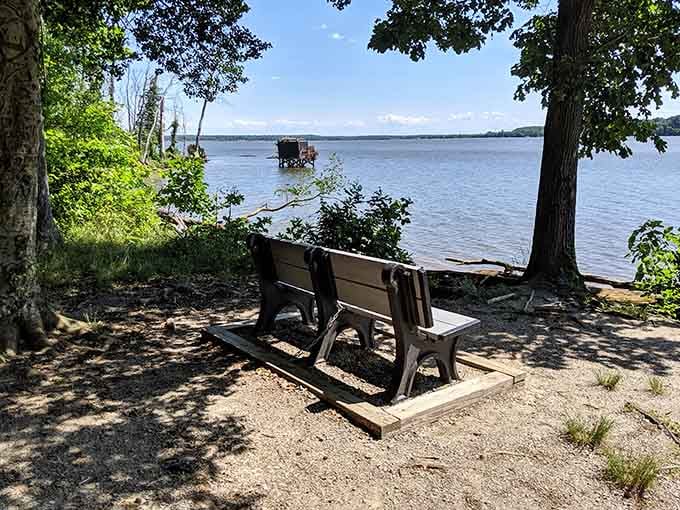 Contemplation station with a view. This simple bench offers what expensive therapy cannot&mdash;peaceful water views and the gentle soundtrack of lapping waves.