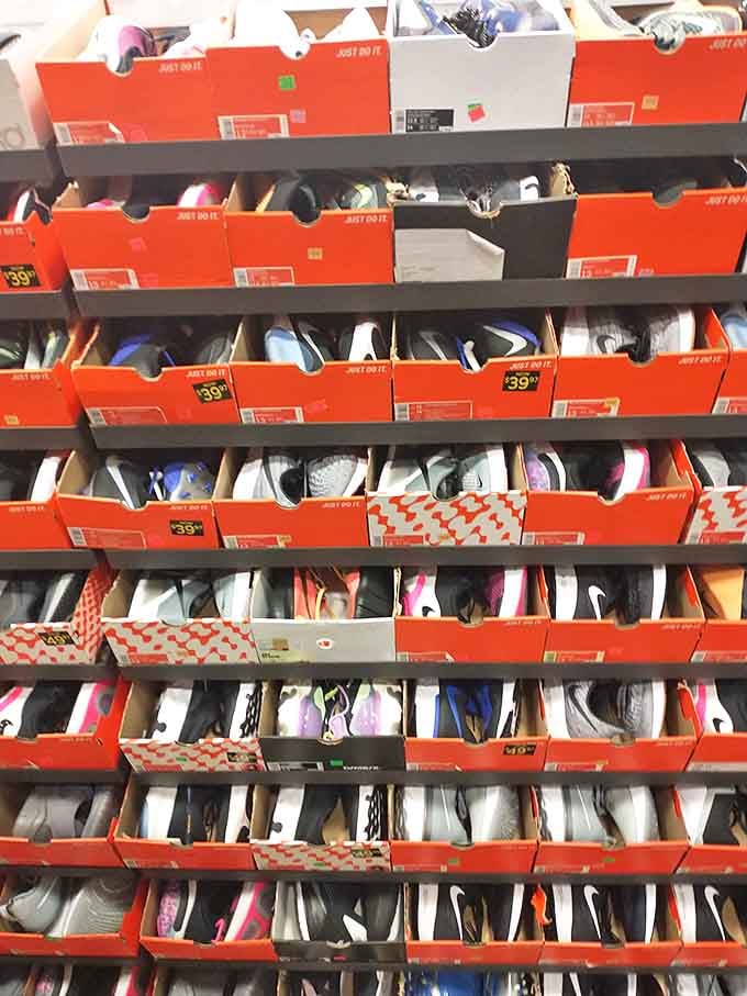 The sneaker wall of dreams! Like a modern art installation dedicated to the proposition that all feet deserve both comfort and style.