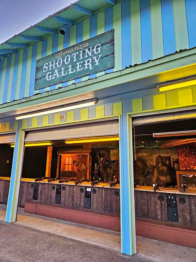 The Bonanza Shooting Gallery's weathered sign and wooden facade tell stories of decades of friendly competition and questionable marksmanship.