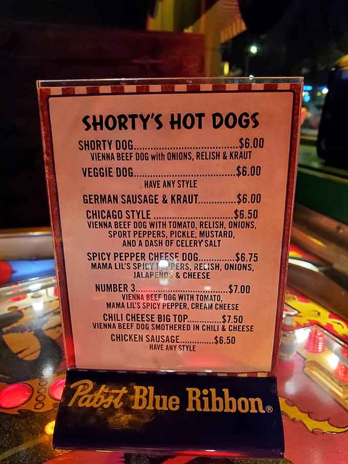 This menu proves that sometimes the best things in life are simple: quality dogs with creative toppings, no PhD required.