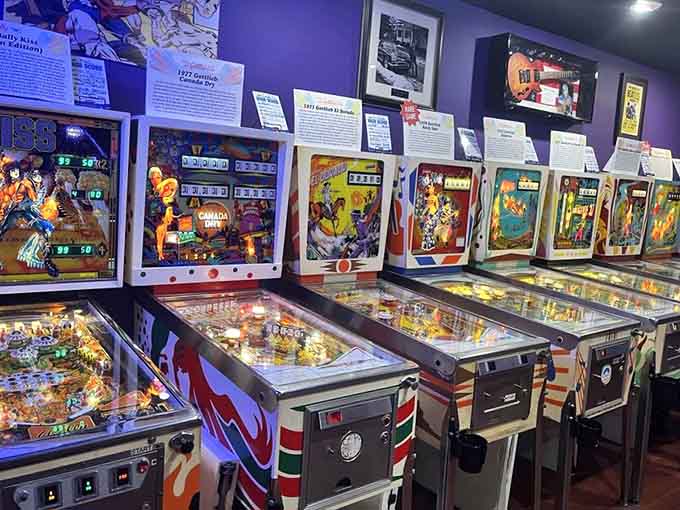 Rows of vintage pinball machines standing at attention like the world's most colorful, most entertaining army you'll ever encounter.
