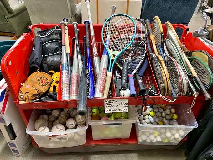 A sporting goods bonanza that would make any weekend athlete or Little League parent rejoice. Tennis rackets, baseball bats, and enough balls to start your own recreation center!