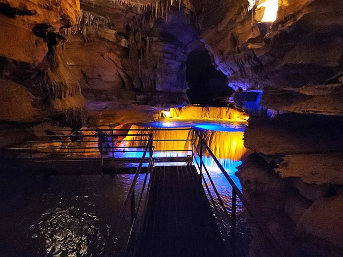 That moment when dramatic lighting transforms an underground stream into something from a fantasy novel come alive.