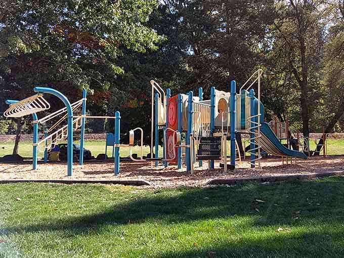 This playground proves small towns still know how to let kids be kids, complete with slides and sunshine.