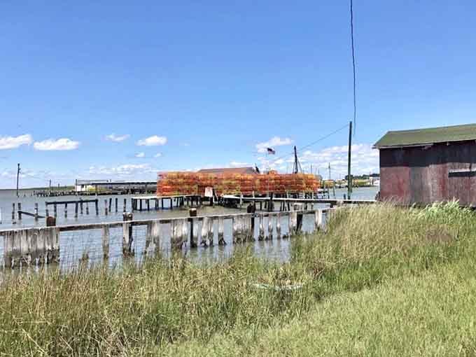Orange crab baskets stacked like a delicious game of Jenga, waiting to trap tomorrow's lunch from the bay.