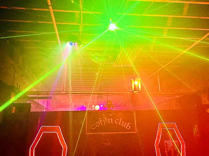 Those laser lights slicing through the darkness transform this underground bar into something between nightclub and sci-fi fever dream.